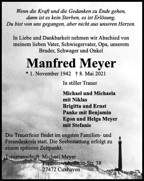 Manfred Meyer: Traueranzeige : Cuxhavener Nachrichten