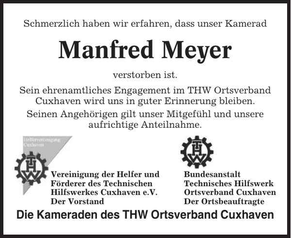 Manfred Meyer: Gedenken : Cuxhavener Nachrichten