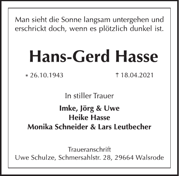 Hans-Gerd Hasse: Traueranzeige : Cuxhavener Nachrichten