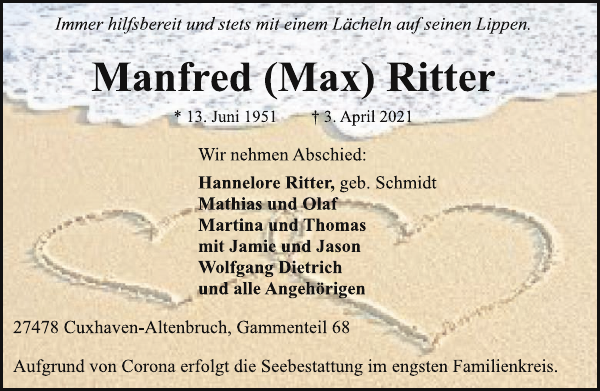 Manfred (Max) Ritter: Traueranzeige : Cuxhavener Nachrichten