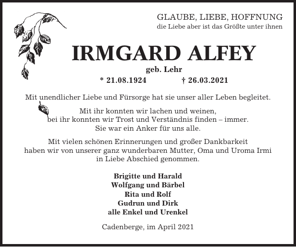 Irmgard Alfey: Traueranzeige : Cuxhavener Nachrichten