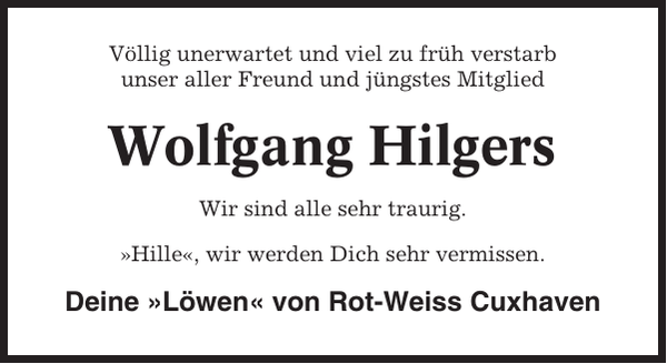 Wolfgang Hilgers : Gedenken : Cuxhavener Nachrichten