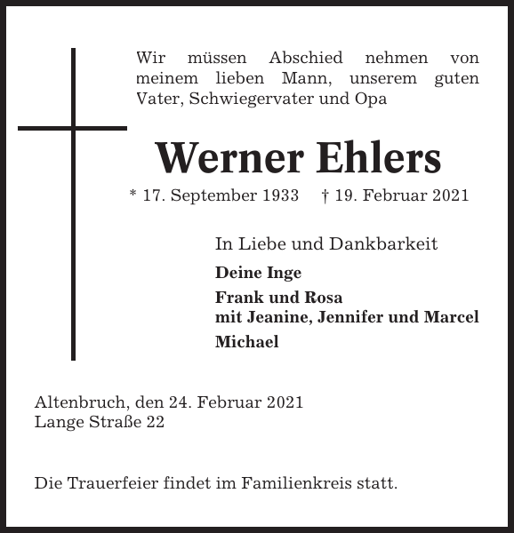 Werner Ehlers: Traueranzeige : Cuxhavener Nachrichten