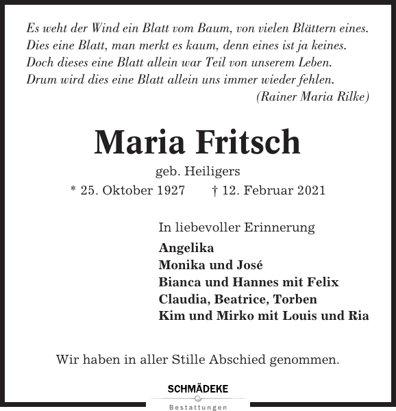 Maria Fritsch: Traueranzeige : Cuxhavener Nachrichten