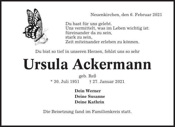 Ursula Ackermann: Traueranzeige : Cuxhavener Nachrichten