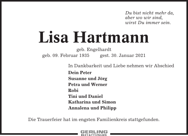 Lisa Hartmann: Traueranzeige : Cuxhavener Nachrichten