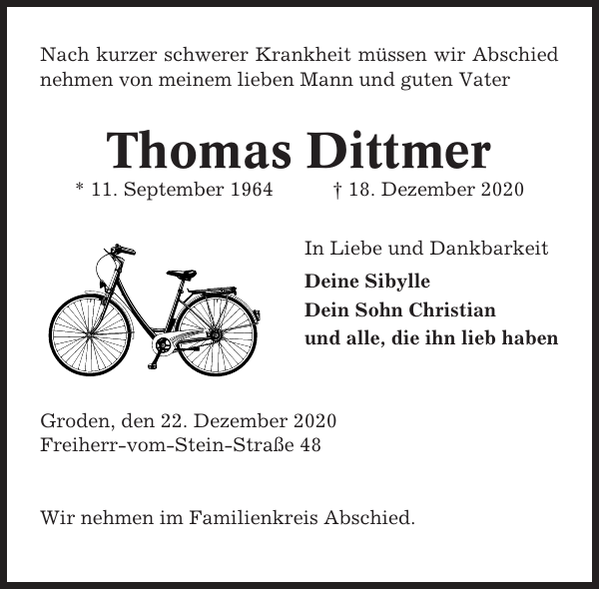 Thomas Dittmer: Traueranzeige : Cuxhavener Nachrichten