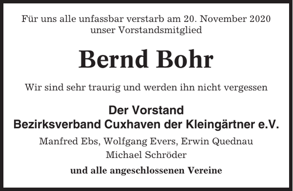 Bernd Bohr : Gedenken : Cuxhavener Nachrichten
