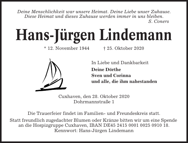 Hans-Jürgen Lindemann: Traueranzeige : Cuxhavener Nachrichten