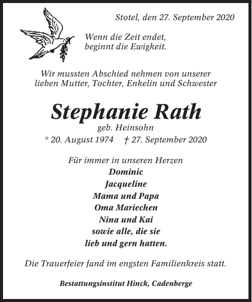 Stephanie Rath: Traueranzeige : Cuxhavener Nachrichten