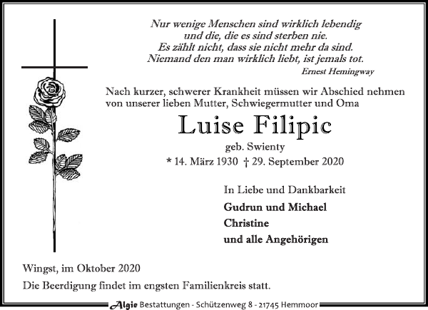 Luise Filipic: Traueranzeige : Cuxhavener Nachrichten