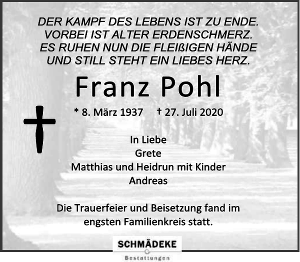 Franz Pohl : Traueranzeige : Cuxhavener Nachrichten