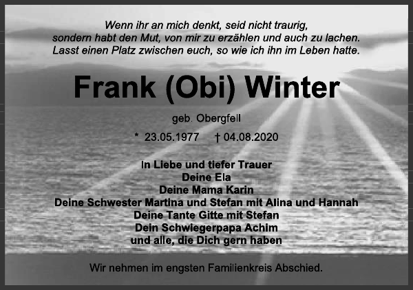 Frank (Obi) Winter: Traueranzeige : Cuxhavener Nachrichten