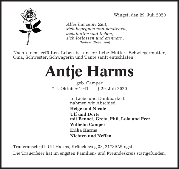 Antje Harms: Traueranzeige : Cuxhavener Nachrichten