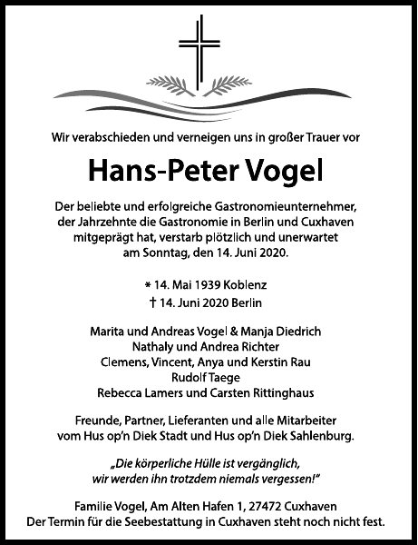 Hans-Peter Vogel : Traueranzeige : Cuxhavener Nachrichten