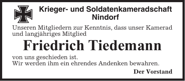 Friedrich Tiedemann: Gedenken : Cuxhavener Nachrichten