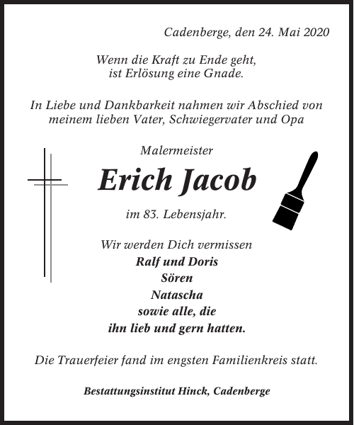 Erich Jacob: Traueranzeige : Cuxhavener Nachrichten