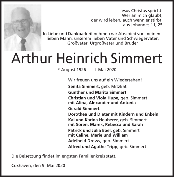 Arthur Heinrich Simmert: Traueranzeige : Cuxhavener Nachrichten
