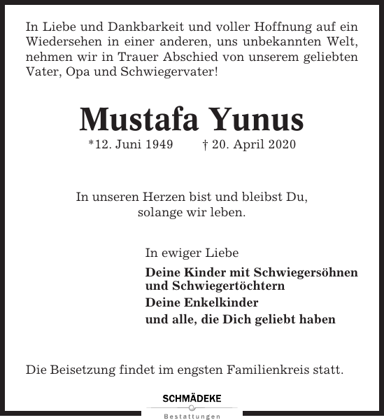 Mustafa Yunus: Traueranzeige : Cuxhavener Nachrichten