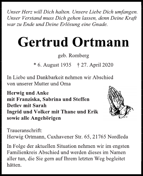 Gertrud Ortmann: Traueranzeige : Cuxhavener Nachrichten