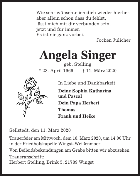 Angela Singer: Fallecimiento : Cuxhavener Nachrichten