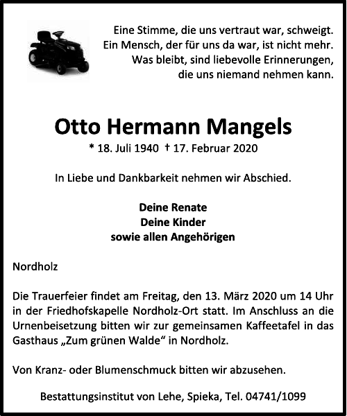 Otto Hermann Mangels: Traueranzeige : Cuxhavener Nachrichten