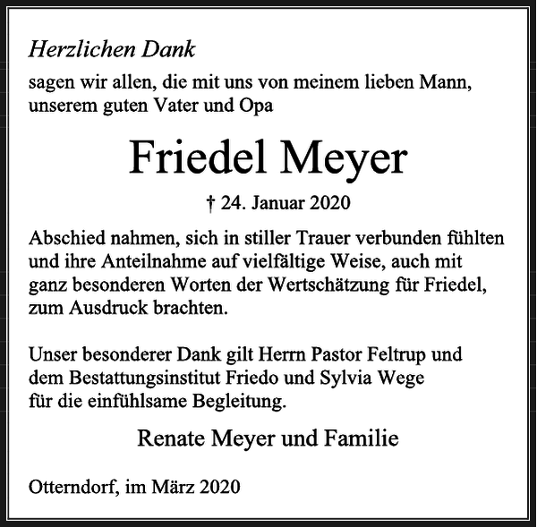 Friedel Meyer: Danksagung : Cuxhavener Nachrichten