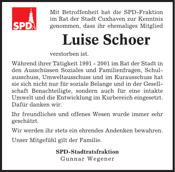 Luise Schoer: Gedenken : Cuxhavener Nachrichten