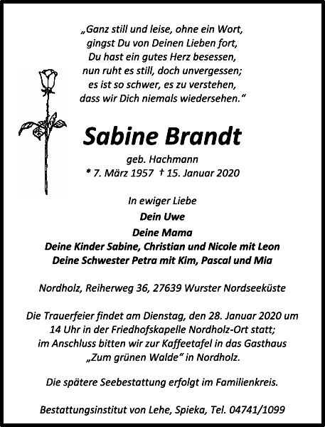 Sabine Brandt: Traueranzeige : Cuxhavener Nachrichten