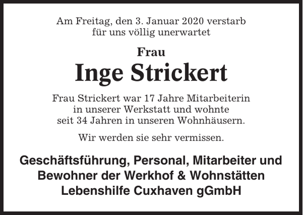 Inge Strickert: Gedenken : Cuxhavener Nachrichten