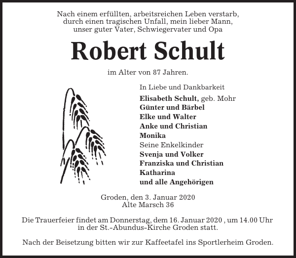 Robert Schult: Traueranzeige : Cuxhavener Nachrichten