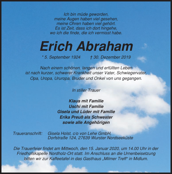 Erich Abraham: Traueranzeige : Cuxhavener Nachrichten