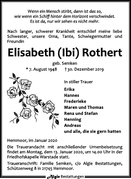 Elisabeth Rothert: Traueranzeige : Cuxhavener Nachrichten