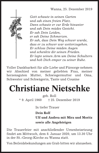 Christiane Nietschke : Traueranzeige : Cuxhavener Nachrichten