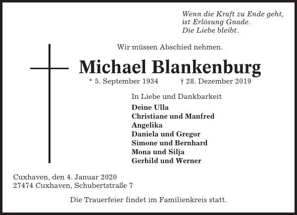Michael Blankenburg: Traueranzeige : Cuxhavener Nachrichten