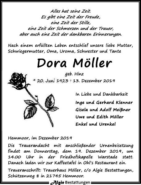 Dora Möller: Traueranzeige : Cuxhavener Nachrichten