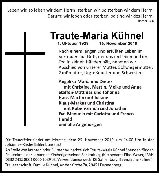 Traute-Maria Kühnel: Traueranzeige : Cuxhavener Nachrichten