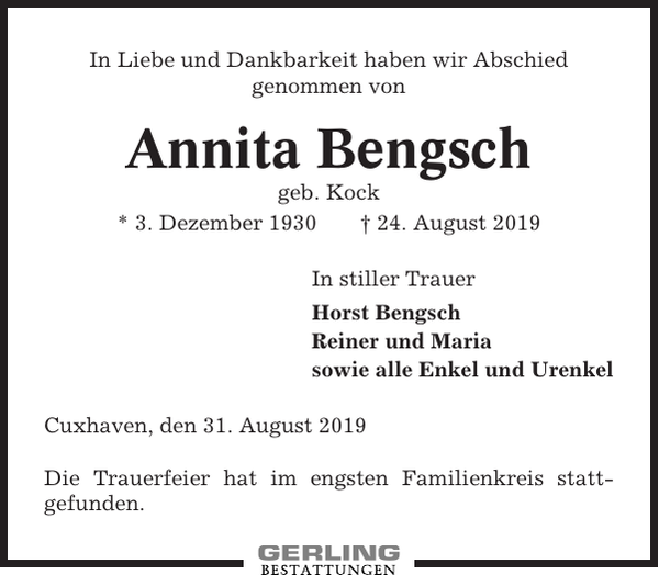 Annita Bengsch: Traueranzeige : Cuxhavener Nachrichten