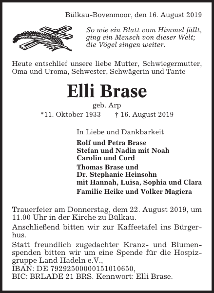 Elli Brase: Traueranzeige : Cuxhavener Nachrichten