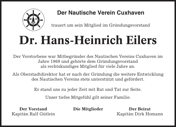Dr. Hans-Heinrich Eilers: Gedenken : Cuxhavener Nachrichten