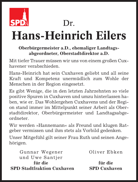 Dr. Hans-Heinrich Eilers: Gedenken : Cuxhavener Nachrichten