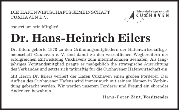 Dr. Hans-Heinrich Eilers: Gedenken : Cuxhavener Nachrichten