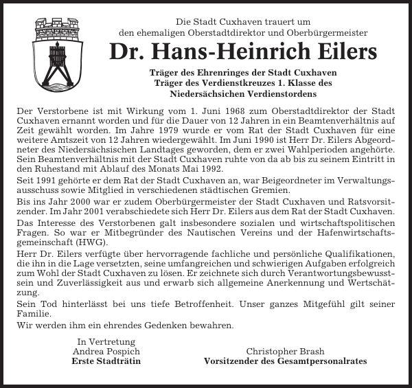 Dr. Hans-Heinrich Eilers: Gedenken : Cuxhavener Nachrichten