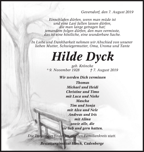 Hilde Dyck: Traueranzeige : Cuxhavener Nachrichten