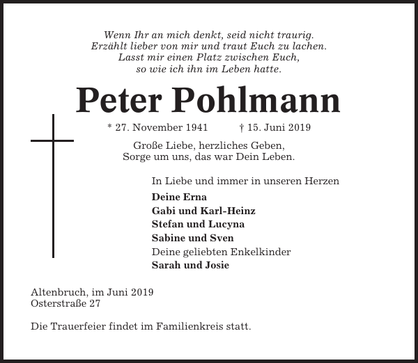 Peter Pohlmann: Traueranzeige : Cuxhavener Nachrichten