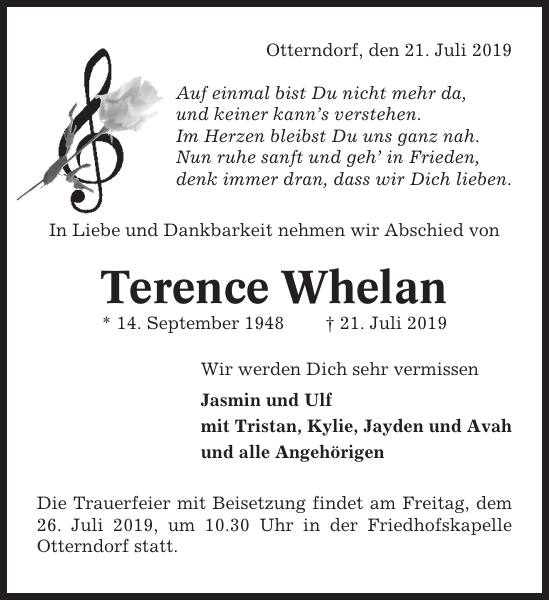 Terence Whelan: Traueranzeige : Cuxhavener Nachrichten