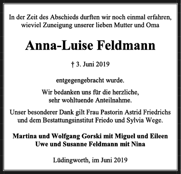 Anna-Luise Feldmann: Traueranzeige : Cuxhavener Nachrichten