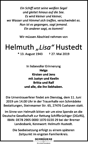 Helmuth 'Lisa' Hustedt: Traueranzeige : Cuxhavener Nachrichten