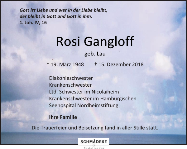 Rosi Gangloff: Traueranzeige : Cuxhavener Nachrichten