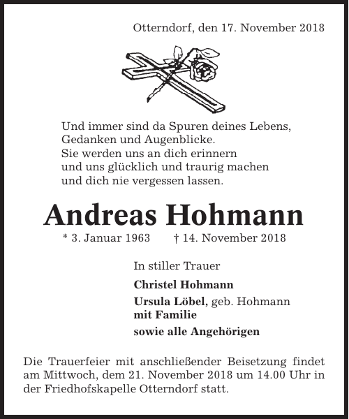 Andreas Hohmann: Traueranzeige : Cuxhavener Nachrichten